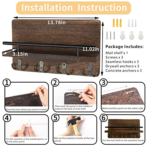 AIVIIN Key Holder for Wall Mail Organizer Wall Mount with 4 Double Key Hooks, Mail Holder Wall Mount with Shelf, Rustic Home Decor for Entryway Mudroom Hallway Office (13.78β X 11.02β X 3.15β) (Brown)