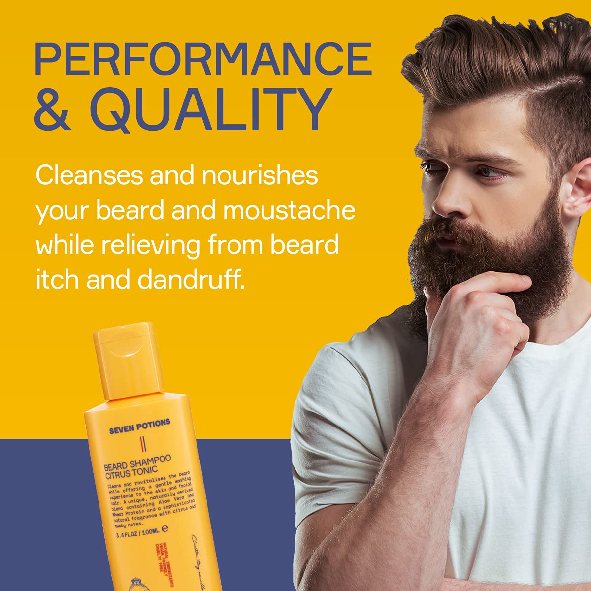 SEVEN POTIONS Beard Shampoo for Men - Gentle Cleansing Wash for a Fresh, Itch-Free Beard - Natural, Vegan Formula (Citrus Tonic, 3.4 Fl Oz)