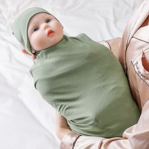 Bayceen Large Rayon Jersey Knitted Swaddle Blanket for Baby, Soft Stretchy Receiving Blanket for Newborns with Hat, Large 47 x 47 inches (Sage)