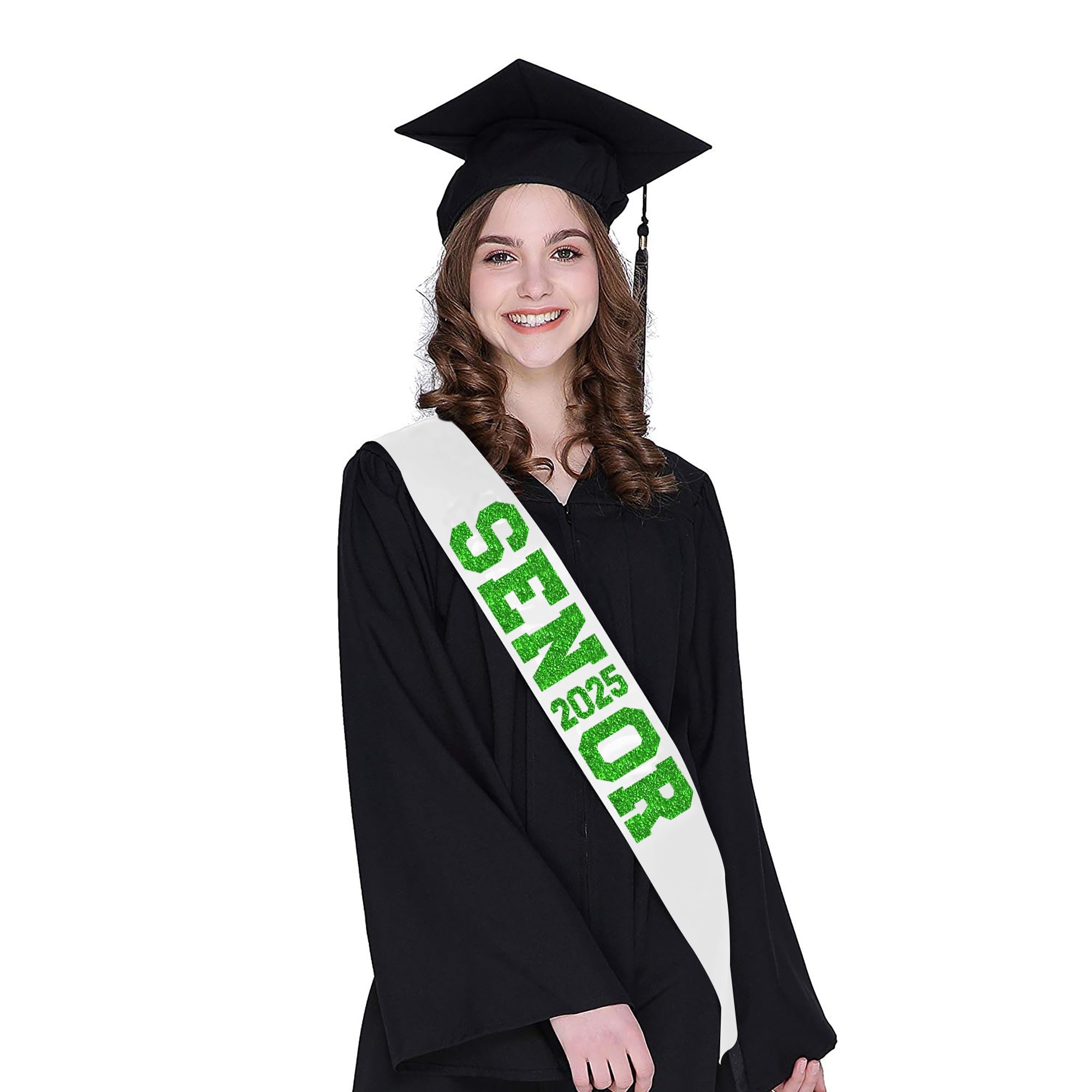 6Pcs White Senior 2025 Satin Sashes with Green Glitter Letters- 2025 Graduation Celebrations Sashes - Senior Cheer Sash - Cheerleader Sash - Class Competition Sashes