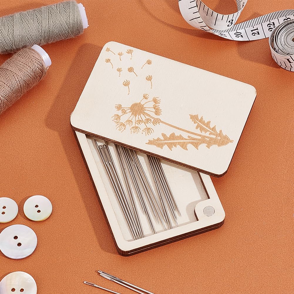 AHANDMAKER 2 pcs Wooden Needle Box Sewing Needle Storage Box Sewing Pins Organizer with Dandelion Print For Quilters, Sewers, Tailors, Antique White,3.15"x1.97"x0.14"