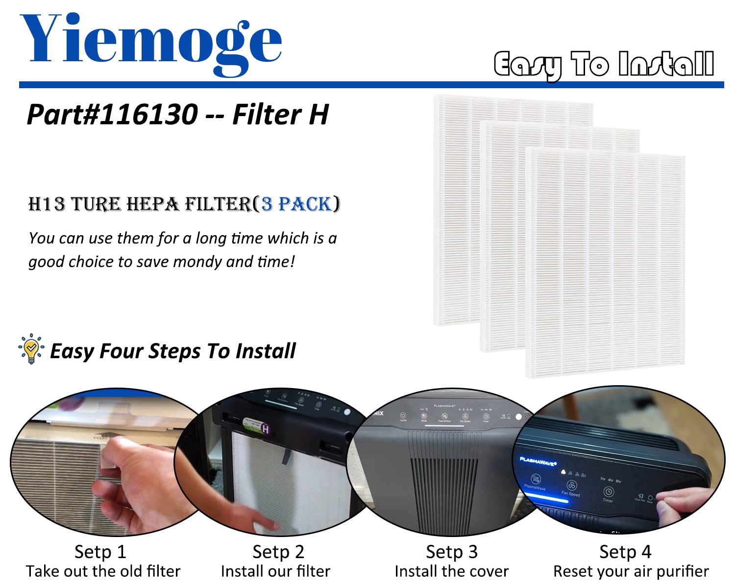 Yiemoge True HEPA Replacement Filter H 116130 Compatible with Winix Air Purifier 5500-2 and Models AM80 (3 HEPA Filters)