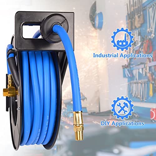 Aain AE39 Heavy Duty Air Hose Reel With 50FT Auto Rewind Preminium Retractable air hose,Steel Construction Industrial Air Hose Reel Wall Mount 3/8" Flexiable Hybrid Hose