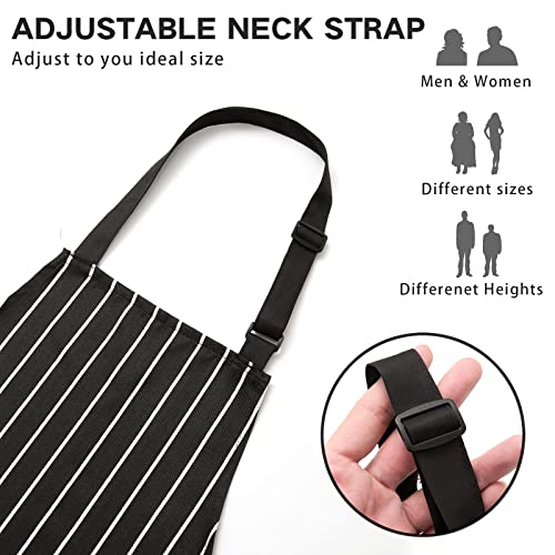BeLuyi 2 Pack Adjustable Bib Apron with 2 Pockets Chef Cooking Kitchen Restaurant Aprons for Women Men (Black/Black Stripes)
