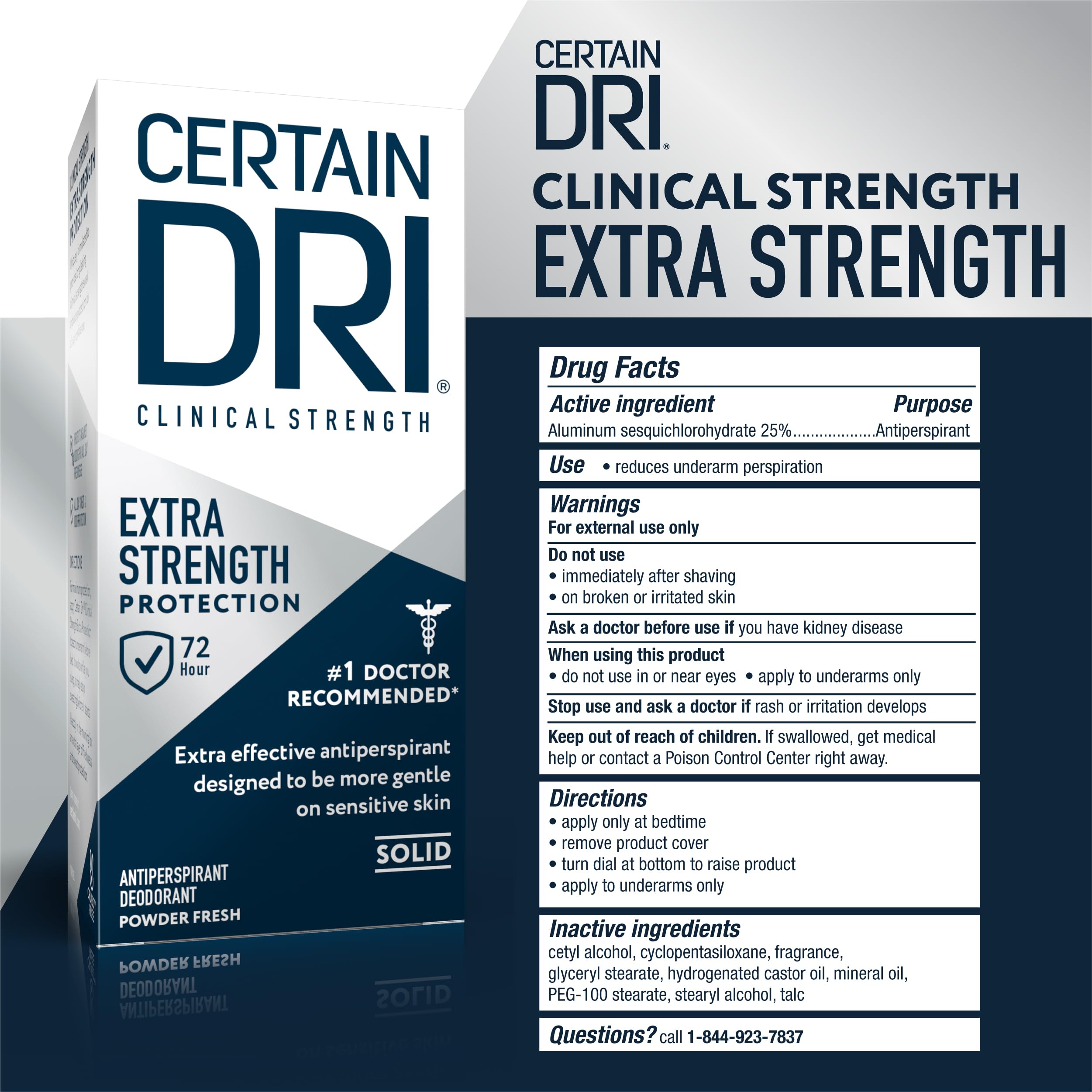 Certain Dri Extra Strength Clinical Solid Antiperspirant, Hyperhidrosis Treatment for Men & Women, Long-Lasting 72hr Protection, Effective Sweat Control, Travel Friendly, Powder Fresh Scent, 1.7oz