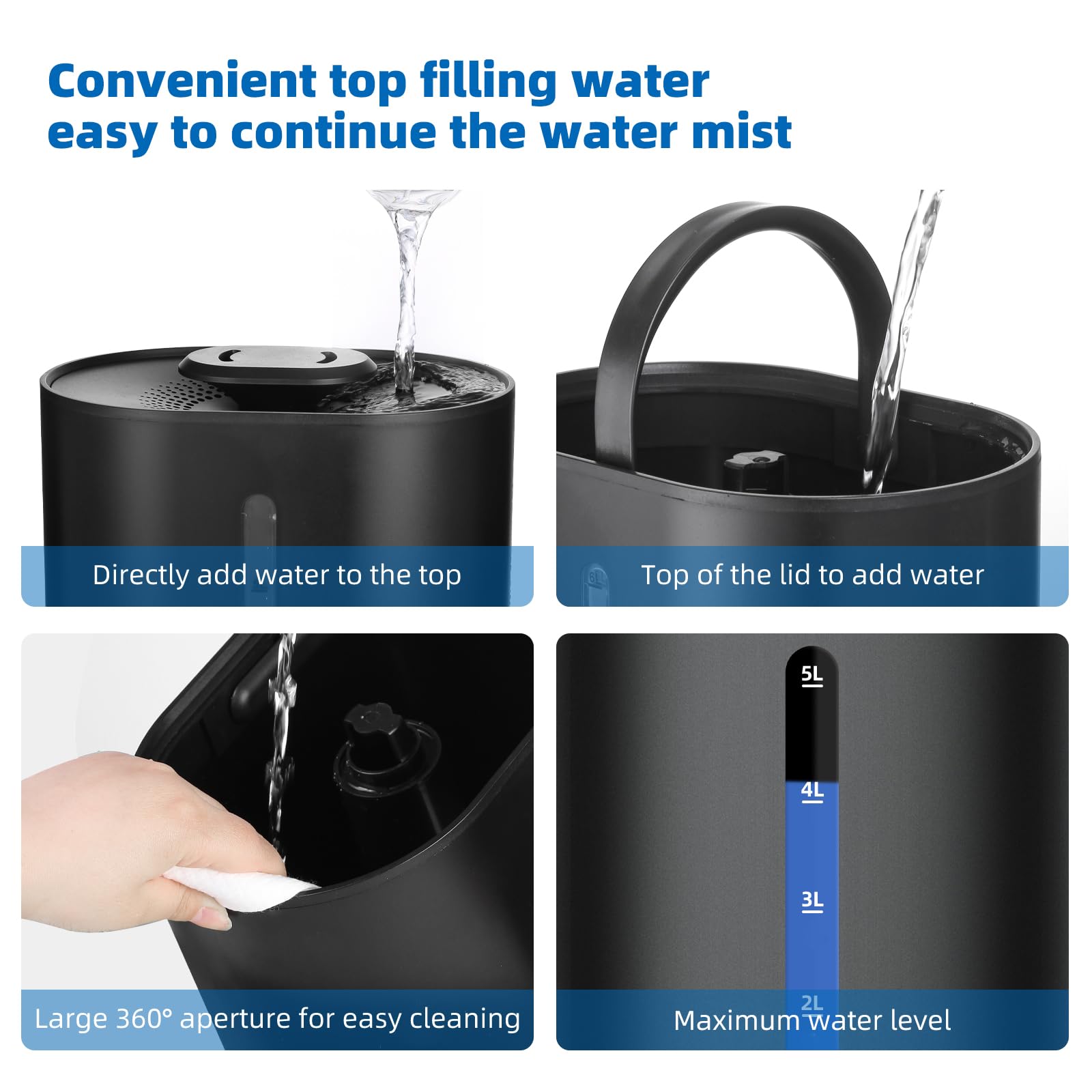 5L Humidifiers for Bedroom and Plants, Ultrasonic Cool Mist Humidifiers for Baby home Mist Top Fill Desk Humidifiers Essential Oil Diffuser, Quiet Humidifiers with Adjustable Mist,360°Nozzle-Black