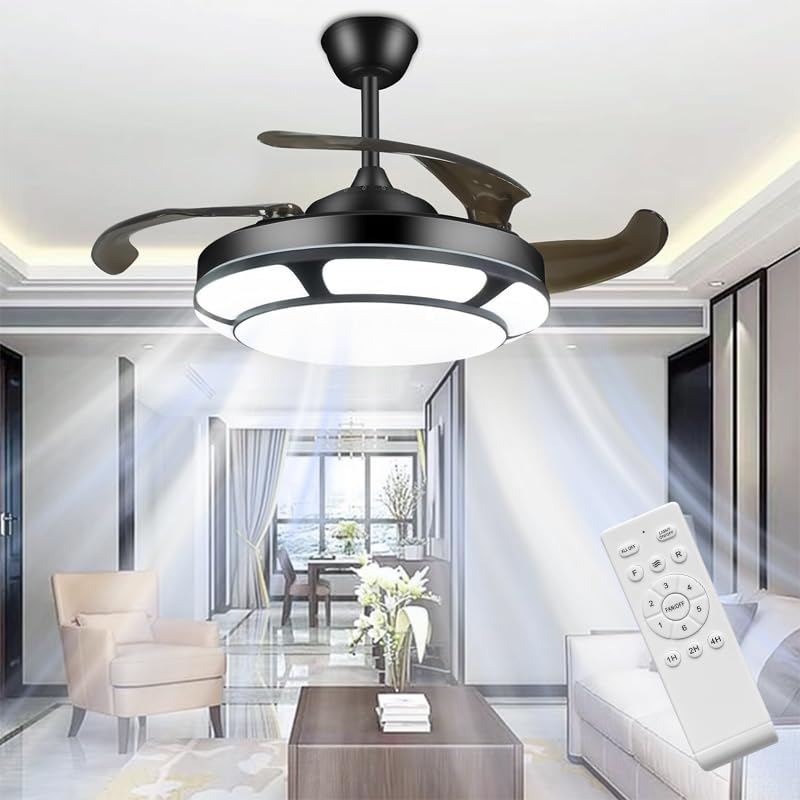 42 in Ceiling Fan,Retractable Ceiling Fans with Lights Remote Control,Ceiling Fans with Bladeless,Enclosed Fan with Dimmable Light,3 Color Ceiling Fan Light,Silent Fan Noiseless DC Motor (Black)