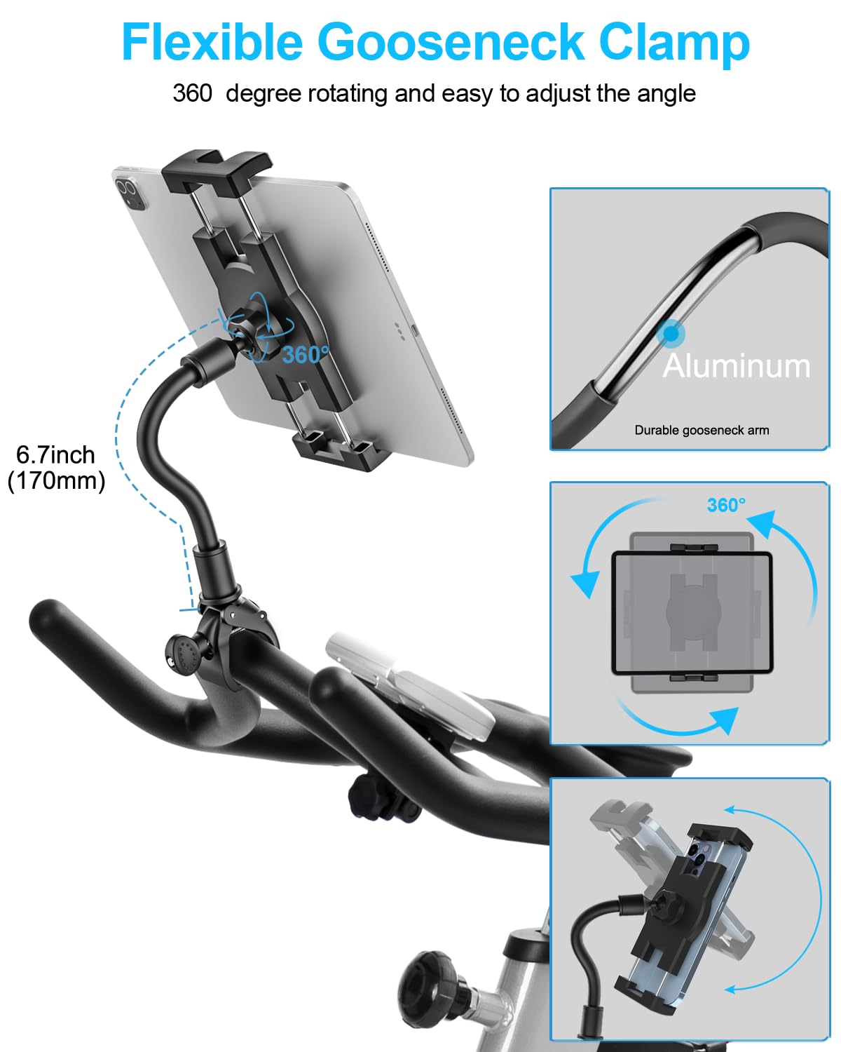 woleyi Gooseneck Spin Bike Tablet Mount, Elliptical Treadmill Tablet Holder, Indoor Peloton Stationary Exercise Bicycle Tablet Clamp for iPad Pro 12.9/Air/Mini, Galaxy Tabs, 4-13" CellPhone or Tablets