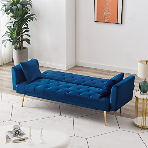 Verfur Modern Futon Sofa Bed-Compact Design for Small Spaces-Comfort Convertible Sleeper Loveseat Couch with for Premium Fabric Sofabed, Blue