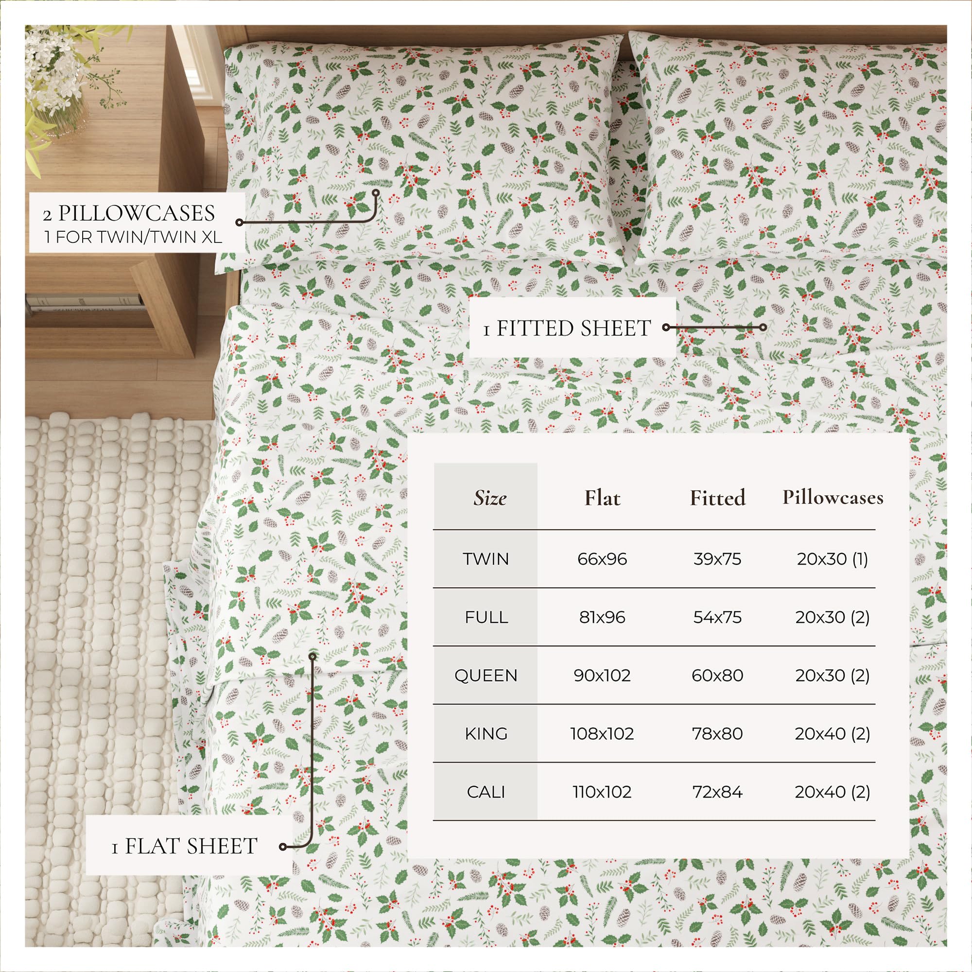 Great Bay Home Flannel Sheet Set King Size - 100% Turkish Cotton, Double-Brushed, Printed Bed Sheets - Ultra-Soft, Cozy, 4-Piece Bedding Set (Little Holly)