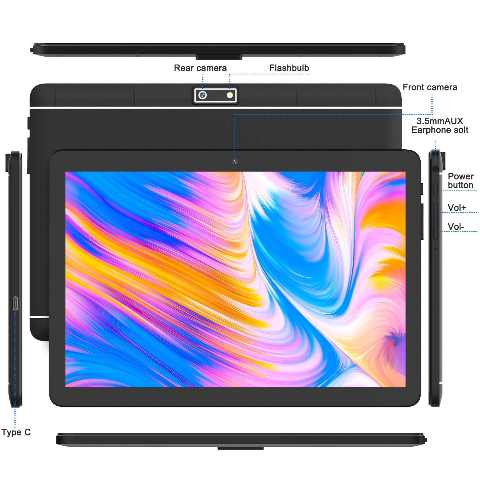 Winsing Android Tablet 10 Inch, Tablets Android with 32 GB ROM, Expand to 128 GB,3G Unlocked Phablet with Sim Card Slot, WiFi, Bluetooth, GPS, Black, Gifts for Mother's Day Bluetooth, Black