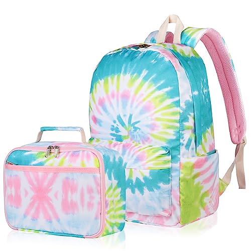 Airyard Girls Backpack, Kids Backpack for School Lightweight School Backpack for Teen Girls Bookbag Set with Lunch Box (Tie-Dye Colorful)