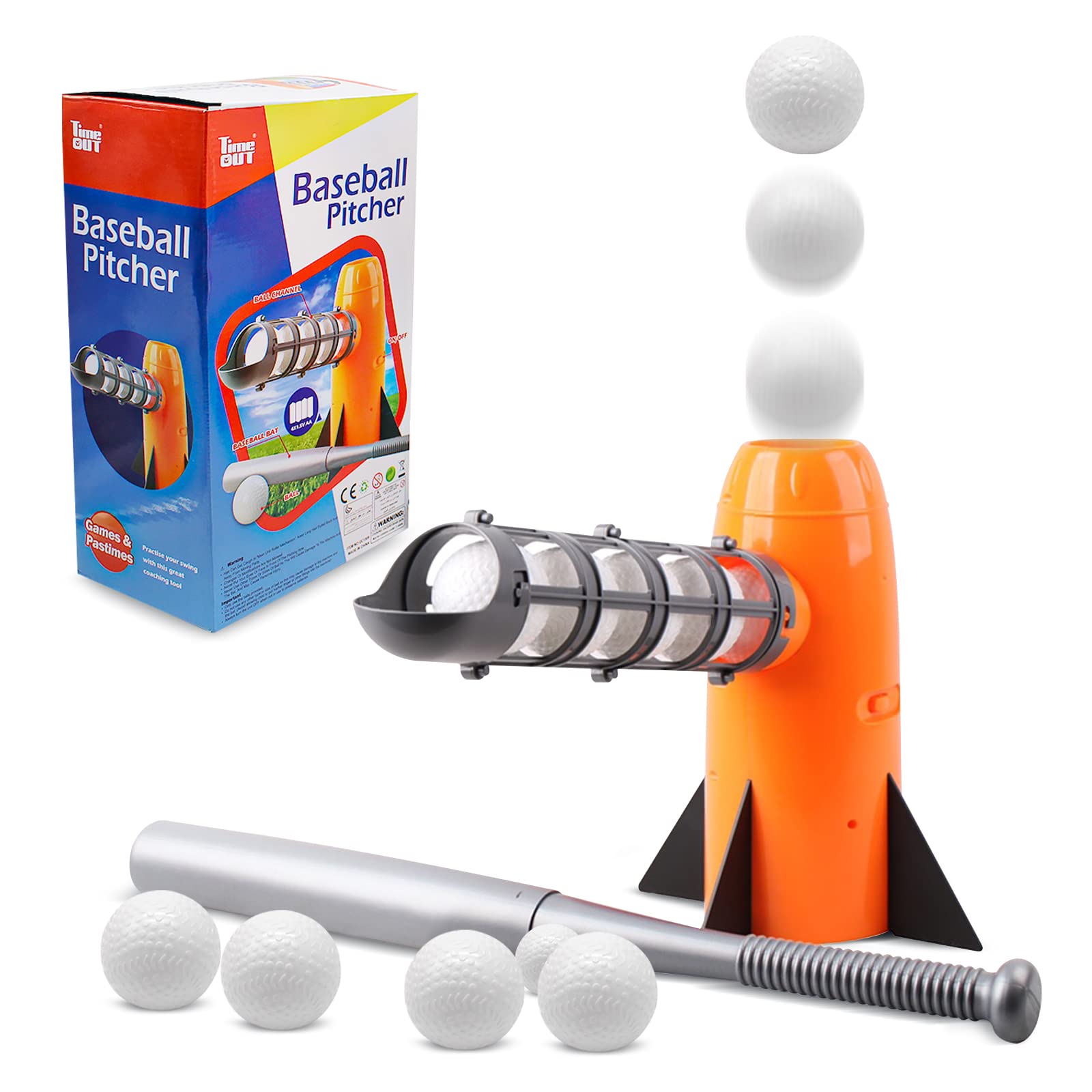 KUSARKO Kids Baseball Automatic Pitching Machine Toy Set with 5 Softball and Bat for Boys Girls Outdoor Sports, Birthday Gifts for Children Age 6 + Years Old