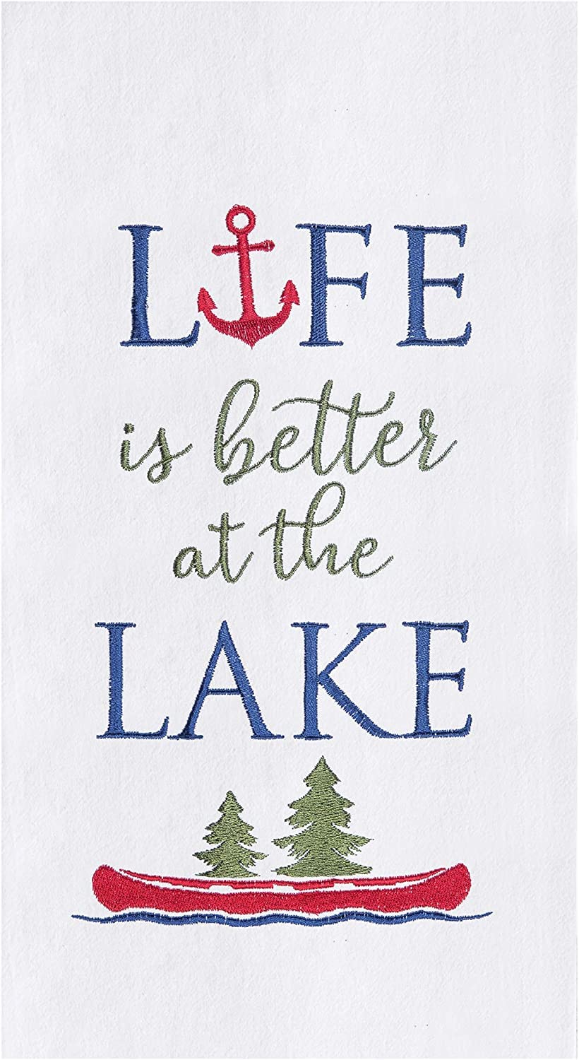 3 Lake House Theme Embroidered Kitchen Towel Set-Waffle Flour-Hand Towels w Lake Rules, Paddles Anchor-Outdoor Camping Boating Dish Cloths