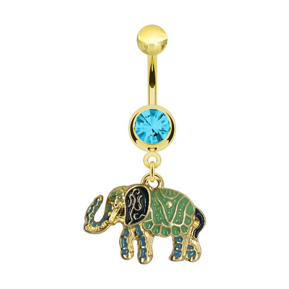 316L 14G Surgical Steel Gold And Green Elephant Pendant with Blue CZ Stone Dangle Belly Button Ring 3/8" Barbell Body Piercing Jewelry Women