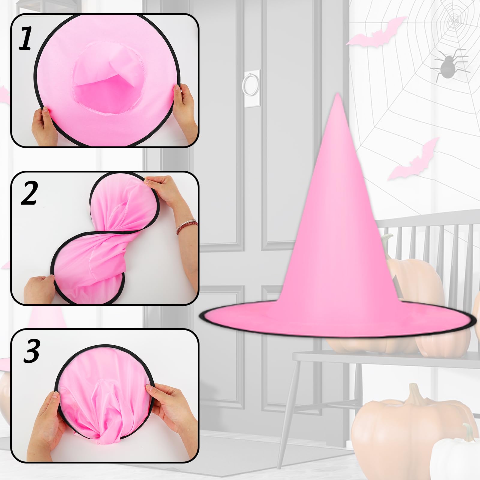 Whaline 14Pcs Halloween Pink Witch Hat with 109 Yards Hanging Rope 32Pcs 3D Bat Stickers Scary Witch Cap Halloween Hanging Decoration for Halloween Home Inside Outside Garden Yard Lawn Decoration