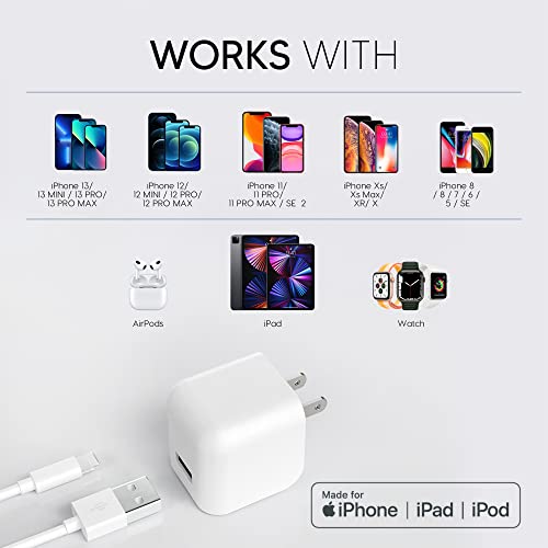 TalkWorks USB Cable Compatible w/ iPhone 14/14 Plus/14 Pro/14 Pro Max, 13/Mini/Pro/Pro Max, 12/Mini/Pro/ProMax, Phone, AirPods, iPad - 5' Lightning Cable Wall Charger Adapter - MFI Certified (White)