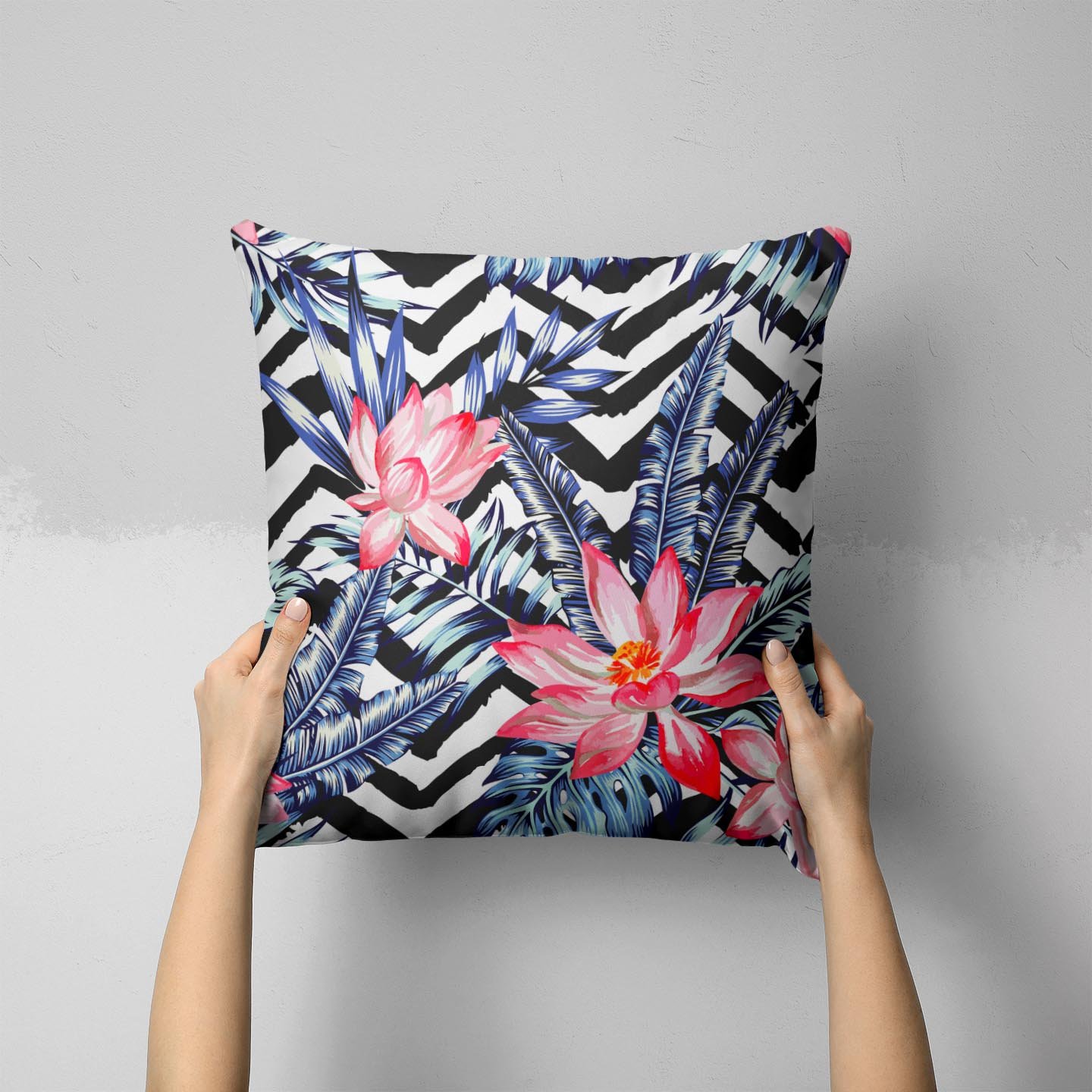 iiRov Summer Design Ink-Fuzed Decorative Throw Pillow - Vivid Tropical Chevron Floral v1