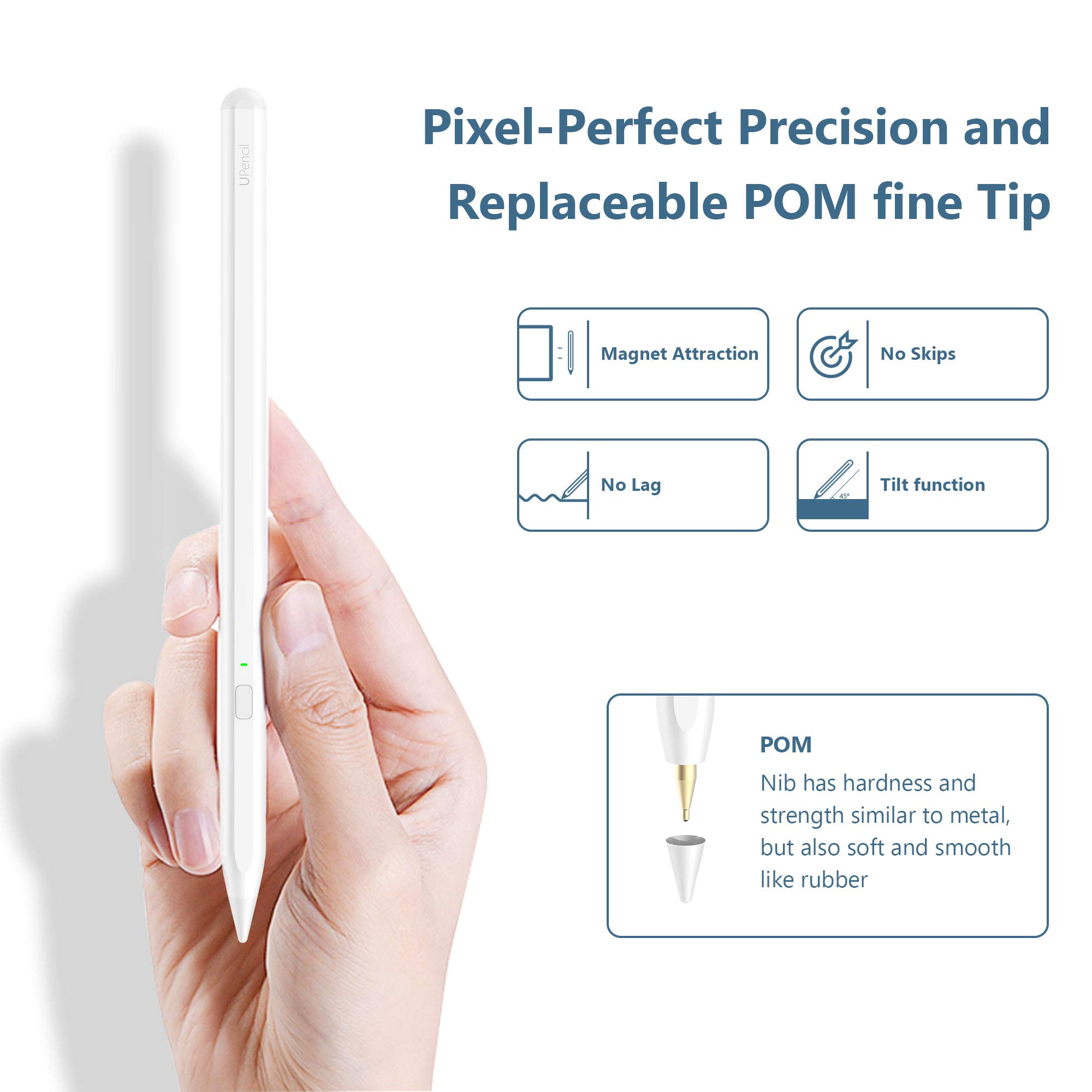 Stylus Pen for iPad, Uogic iPad Stylus Pen with Magnetic, Rechargeable, Palm Rejection, for iPad Pro 11"/12.9", iPad (6/7/8/9/10 Generation), iPad Mini (5/6 Generation), iPad Air (3/4/5 Generation)