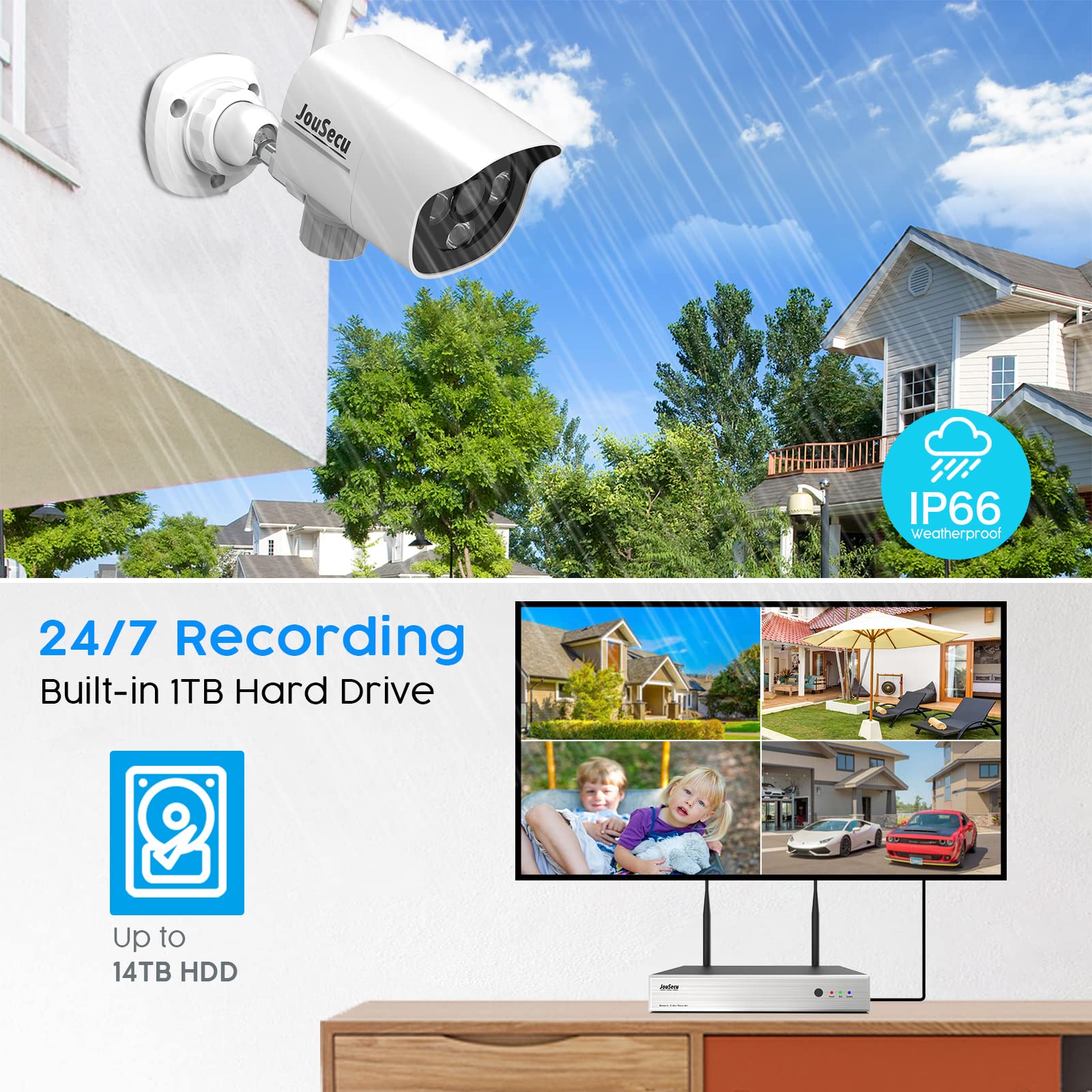 5MP Wireless Security Camera System No Hard Drive, 8 Channel Surveillance NVR Kits and 4pcs Super HD 5MP Outdoor Indoor WiFi Bullet Camera for Home Full Color Night Vision
