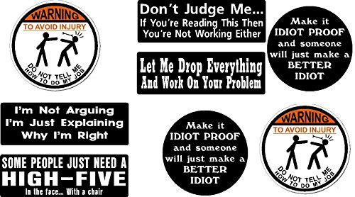 8 pcs Warning Funny Hard Hat Stickers Decals Helmet, Hardhat, Tool Box Stickers. 2 inches, 100% PVC.