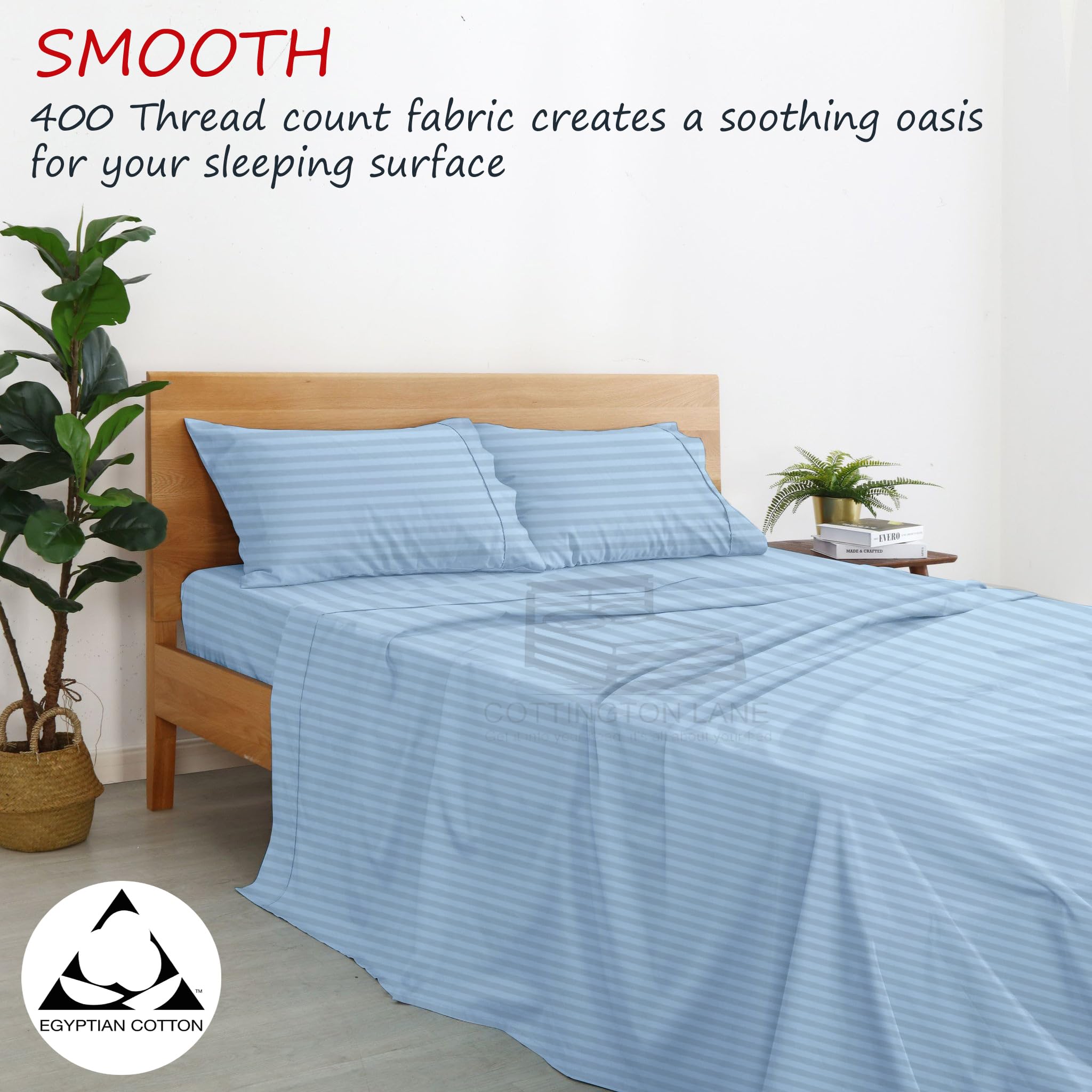 400 Thread Count 100% Egyptian Cotton Sheet Set - Queen Size Sheets Set - 12 inch Deep Pocket of Fitted Sheet - 4 Piece Sheet Set (Sky Blue Stripe - Queen 12 inch Deep Pocket Sheets)