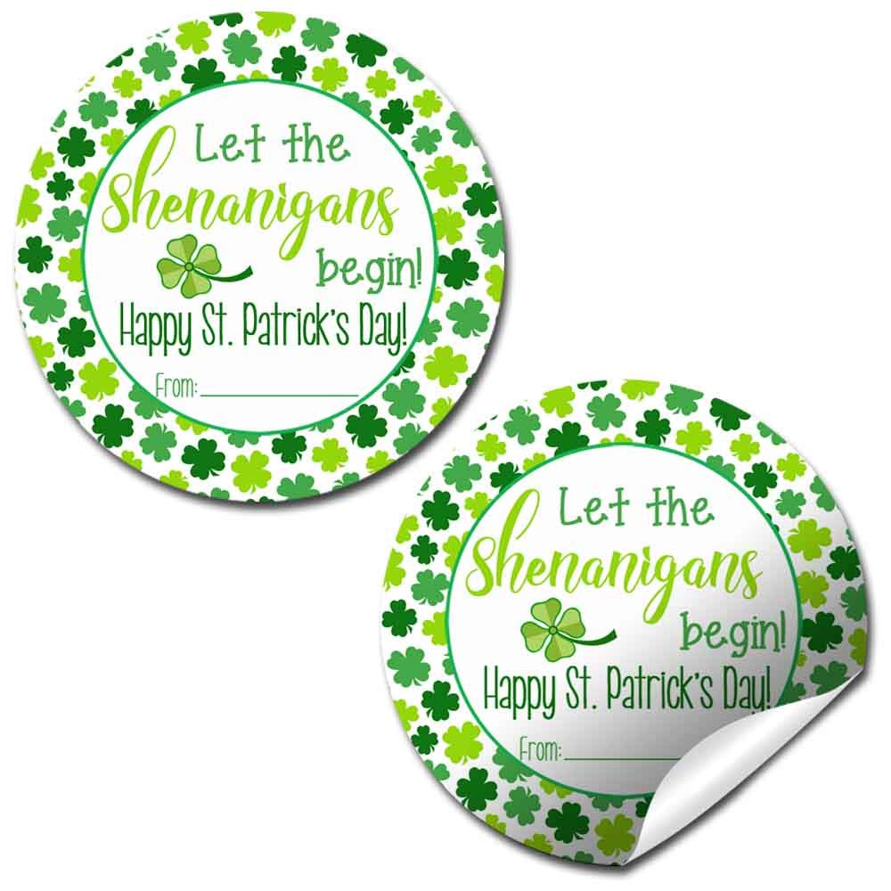 Let The Shenanigans Begin Four Leaf Clover St. Patrick’s Day Gift Tag Sticker Labels for Kids, 40 2" Party Circle Stickers by AmandaCreation, Great for Party Favors, Envelope Seals & Goodie Bags
