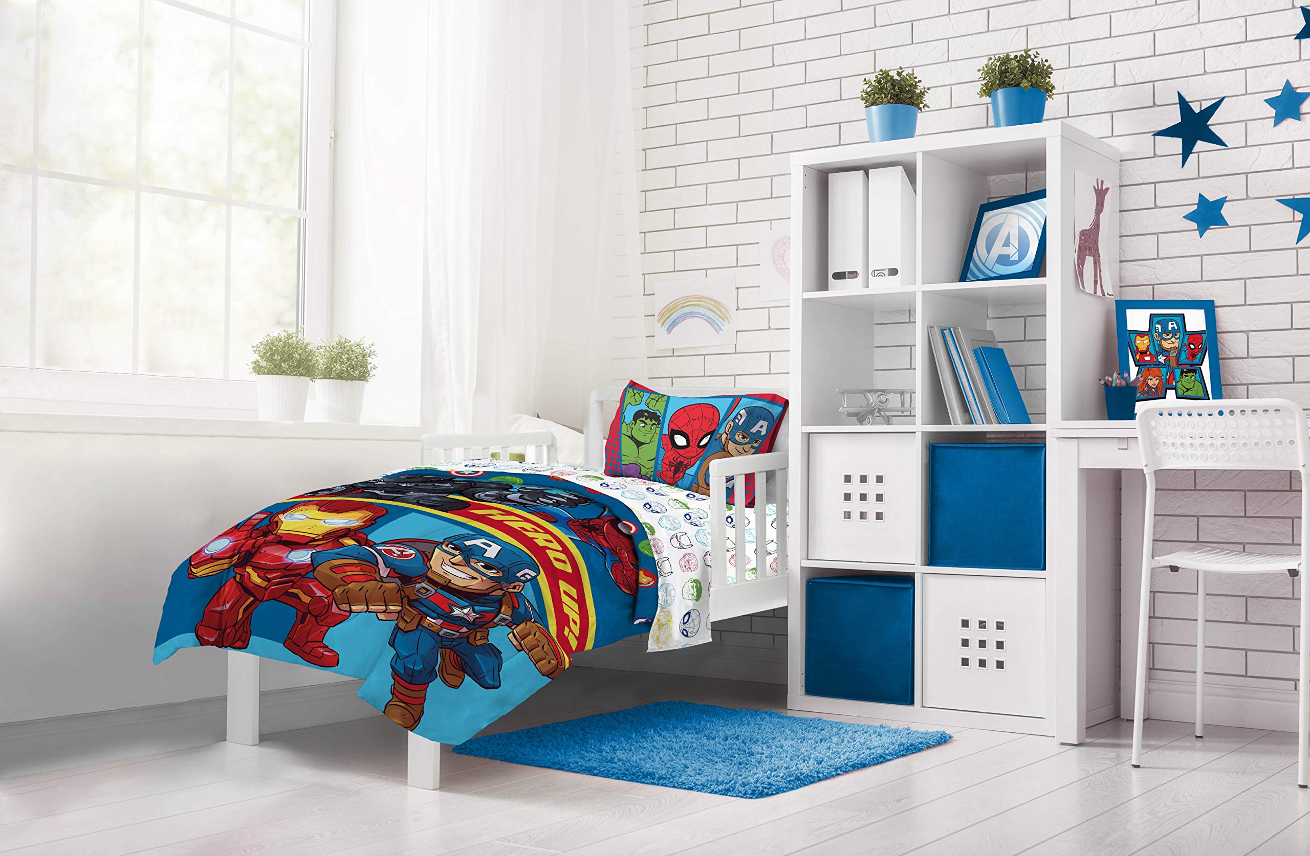 Jay Franco Marvel Super Hero Adventures Double Team 4 Piece Toddler Bed Set Super Soft Microfiber Bed Set-Bedding Features Captain America,Spiderman, Iron Man & Black Panther Official Marvel Product