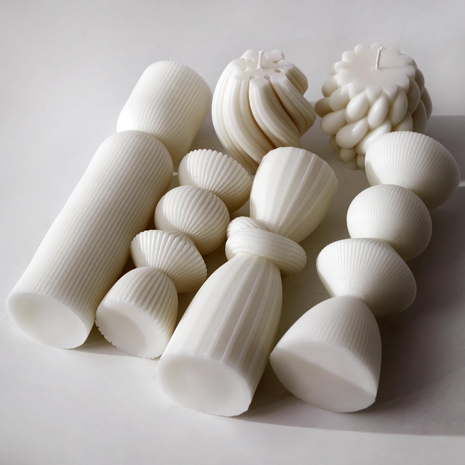 7 Pcs Large Modern Ribbed Candles Beautiful Handmade Pillar Housewarming Gift Home Room Shelf Decor Idea Spiral Soy Wax Candle White