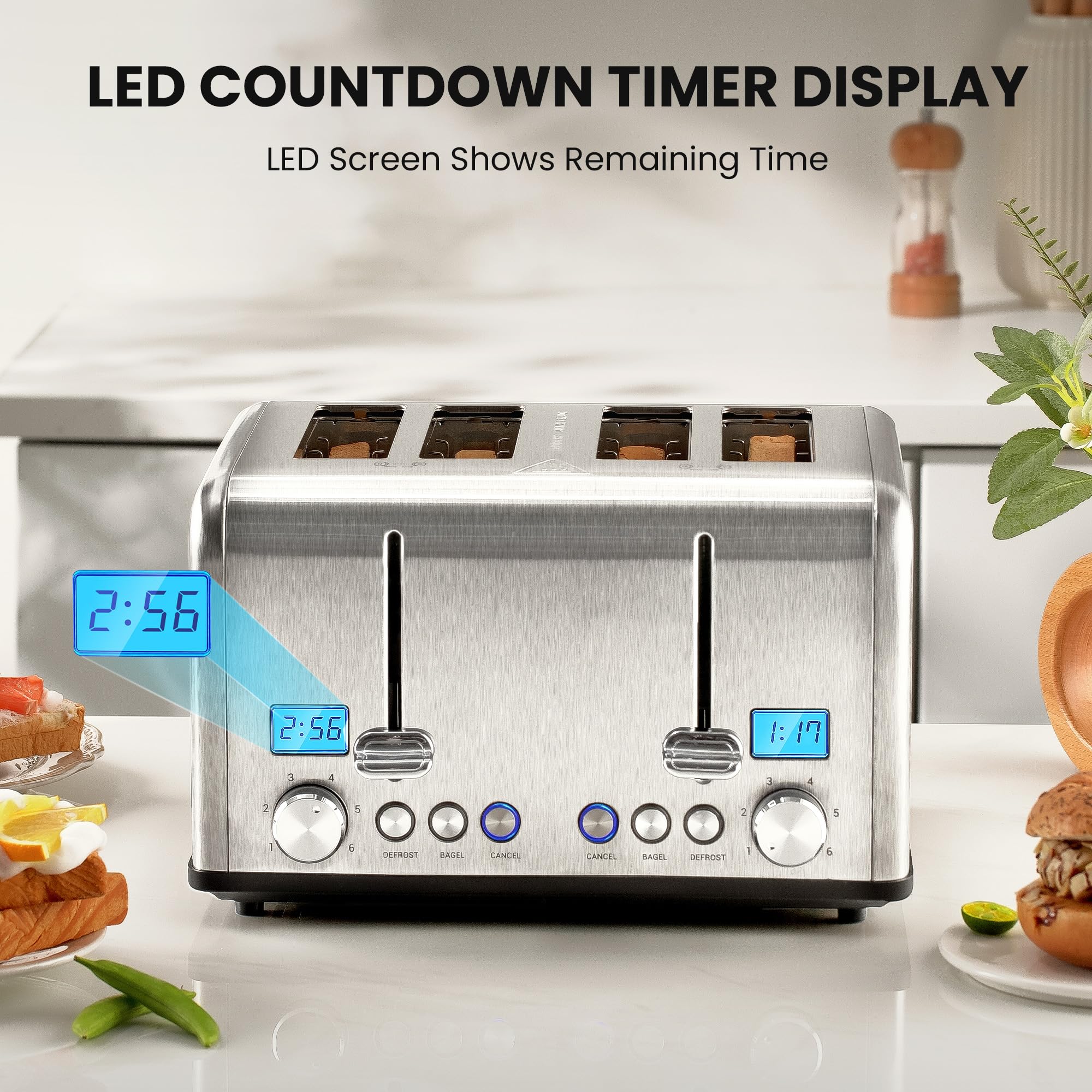 4 Slice Toaster, Roter Mond Countdown Stainless Steel Toaster with Bagel, Defrost, Cancel Function, Dual Toaster Extra Wide Slots, 6 Bread Shade Settings Bread Toaster, Removable Crumb Trays, 1650W