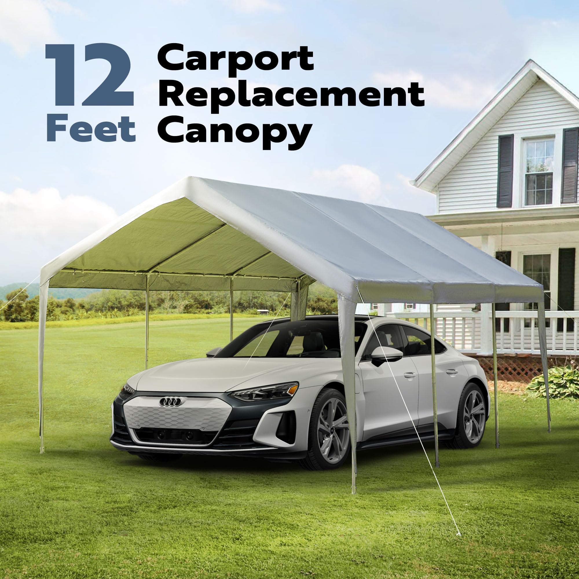 VIVOHOME 12x20ft Carport Replacement Canopy Cover, 180G Waterproof & UV Protected Tarp with 44 Elastic Buckles Suit for Garage Shelter, Frame is Not Included