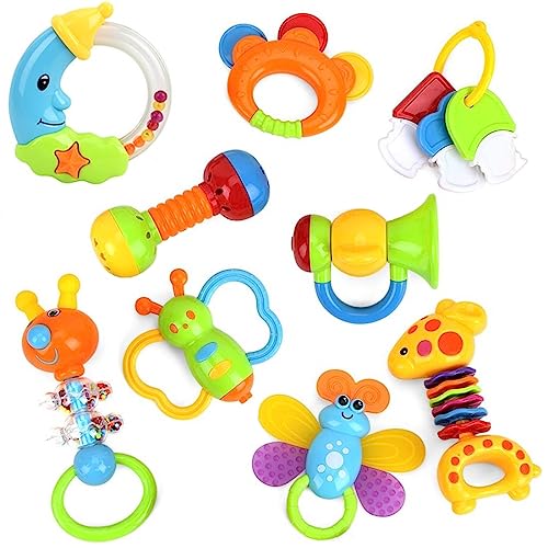 Aomola 9 PCS Baby Rattles Toys Set, Infant Teether and Shaker Rattles Toy, Baby Newborn Gift Set for Hand Development Early Educational Toys for 0+, 3, 6, 9, 12 Month Newborn Toddler
