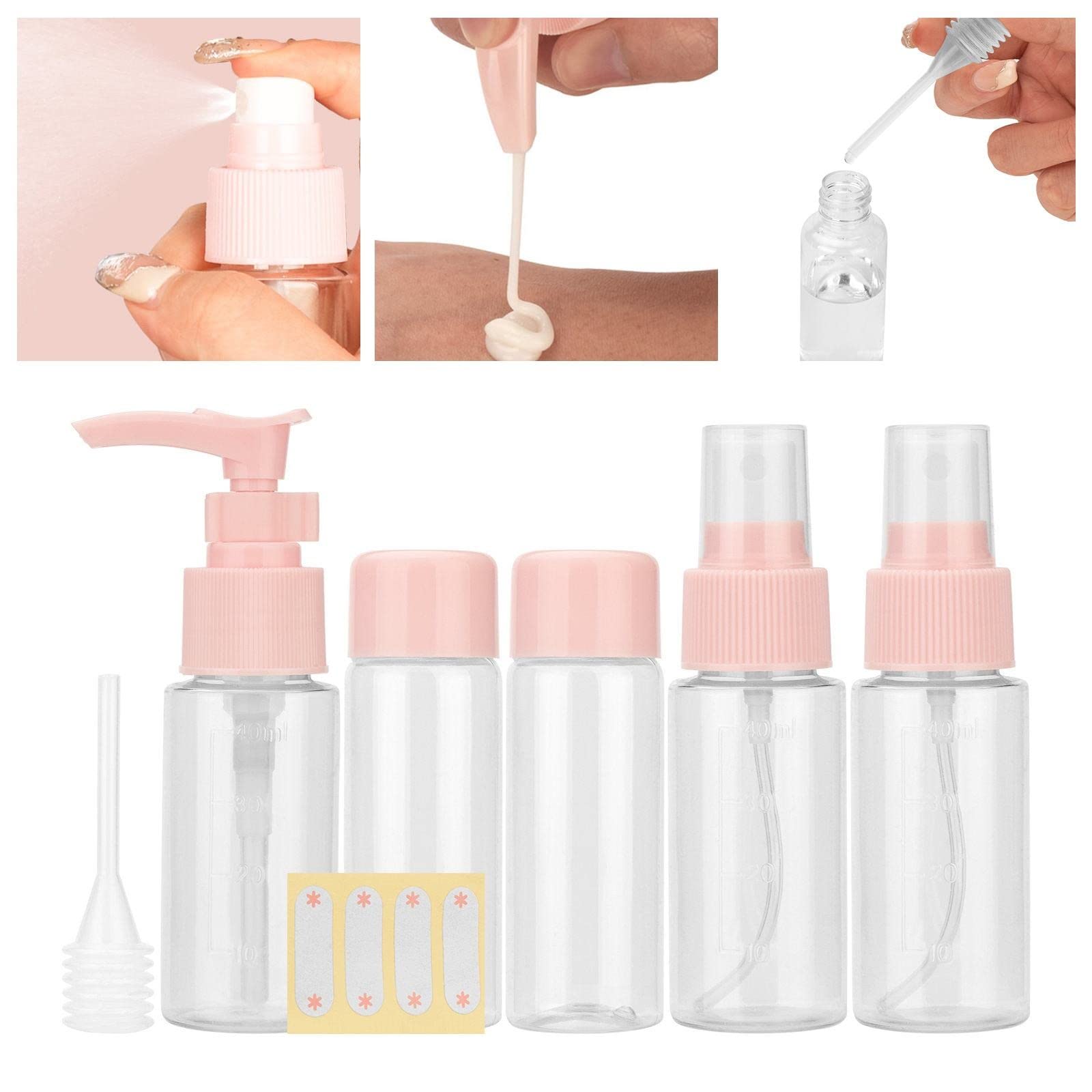 7 Piece Set 50ml Empty Plastic Travel Bottles Containers, Plastic Bottle Squeezed Transparent Sub Bottle Makeup Split Refillable Travel Size Bottles, Carry-On Set for Women/Men (Pink, One Size)