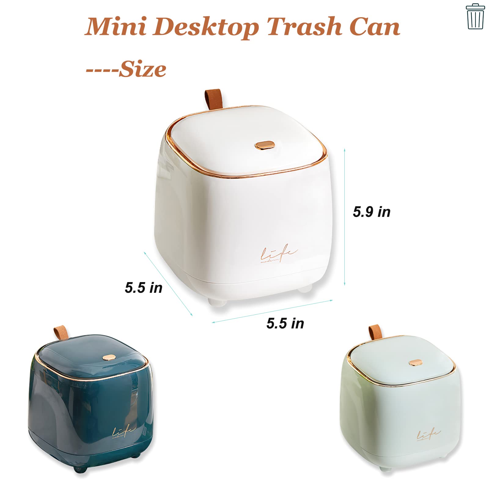 Aiabaleaft Mini Countertop Trash Can with 3 Rolls of Trash Bags, Waste Can with Press Type Lid, Desktop Trash Can Applicable for Bathroom Vanity,Coffee Table,Offices,Waste Basket (Light Green)