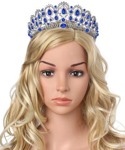 BABEYOND Crystal Queen Crown Birthday Tiara Prom Pageant Quinceanera Crown Tiara Rhinestone Wedding Princess Tiara Headband with Comb Pin (Blue)