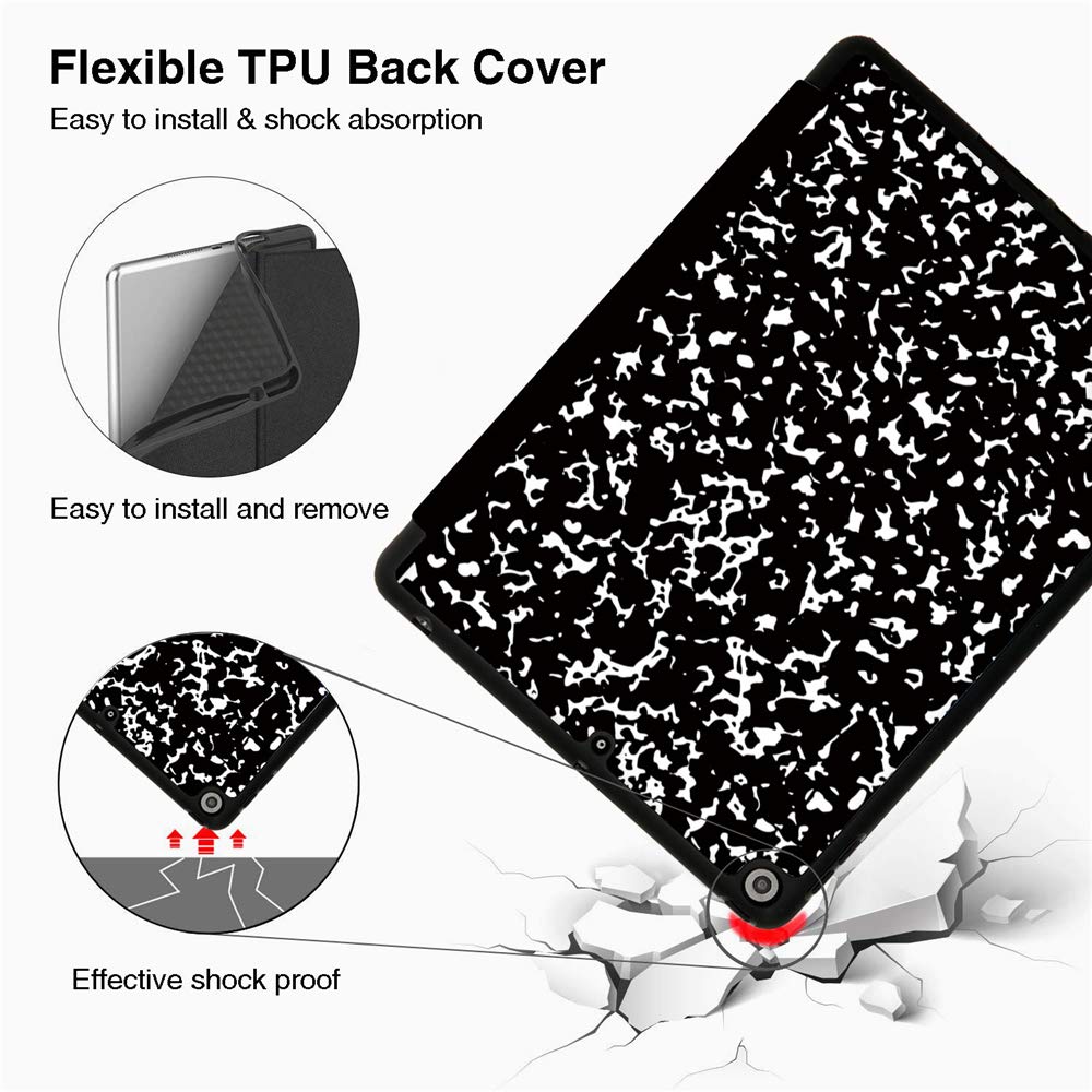 Hi Space for iPad 9th 8th 7th Generation Case for iPad 10.2 Case 2021 2020 2019 Composition Notebook with Pencil Holder, Book Trifold Protective Shockproof Cover with Auto Sleep Wake for A2270 A2428
