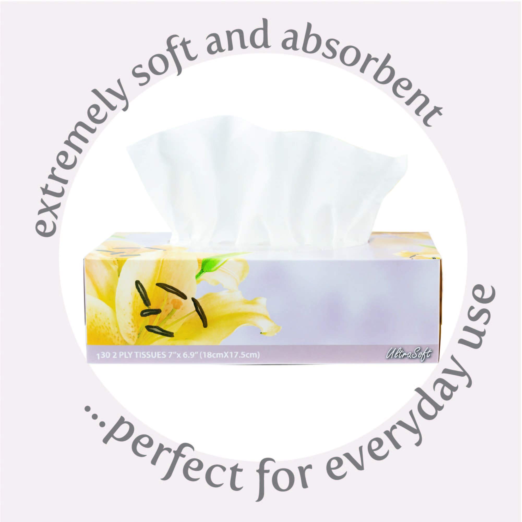 Facial Tissues 130 Per Box, Size 7" X 6.9" 2 Ply, Great for Bathroom, Office, Store, School, Home, Kitchen, Or in Your Car & in Every Room (Pack of 4, 520 Tissues total)
