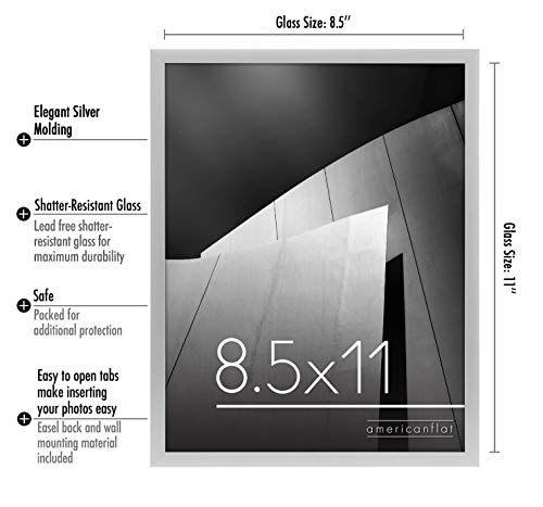 Americanflat 8.5x11 Picture Frame in Silver - Thin Border Frame with Shatter Resistant Glass - Horizontal and Vertical Formats for Wall and Tabletop