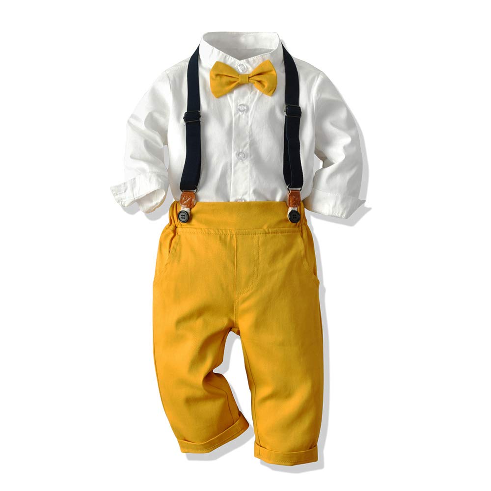 Joycebaby Toddler Boys Long Sleeve Gentleman Bowtie Overalls Outfit Suits Set(100/2-3Y, Yellow)