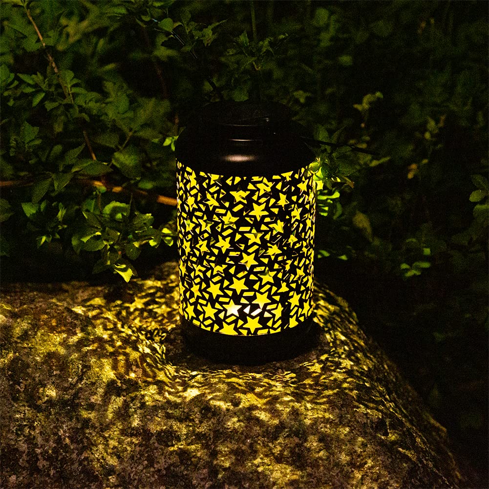 CASLONEE Outdoor Solar Lanterns Hanging Garden Lights Porch Decoration Warm White Lantern Hollow Out LED Lights Solar Powered Tabletop Lamp (1 Pack)