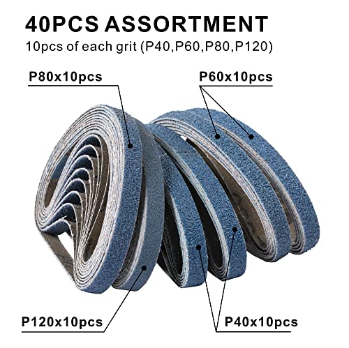 40 Pack Sanding Belts Replacement 3/8 x 13" Size - 10 Each of 40/60/80/120 Grits Zr-Corundum Sanding Belt (3/8" x 13" Belts)
