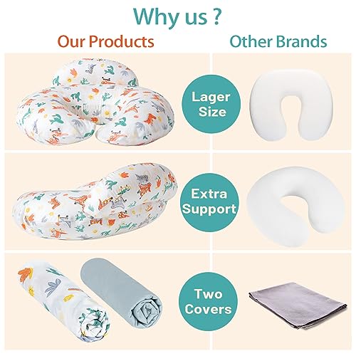 AMASKY Nursing Pillow for Breastfeeding with Two Removable Cotton Covers,Plus Size Ergonomic Breastfeeding Pillows,More Support for Mom and Baby,Machine Washable,White & Blue