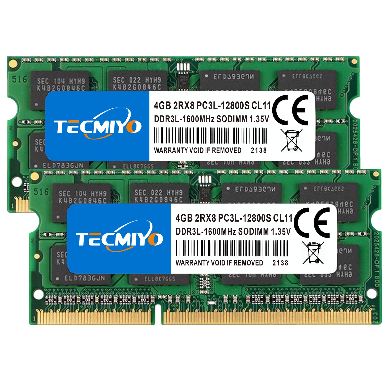 TECMIYO 8GB Kit (2 x 4GB) DDR3L-1600 SODIMM,DDR3 PC3-12800S/PC3L 1600MHz 12800 Ram 8 GB Non ECC Unbuffered 1.35V/1.5V CL11 204 Pin Sodimm Ram 2RX8 Dual Rank for Laptops Notebook Memory Upgrade