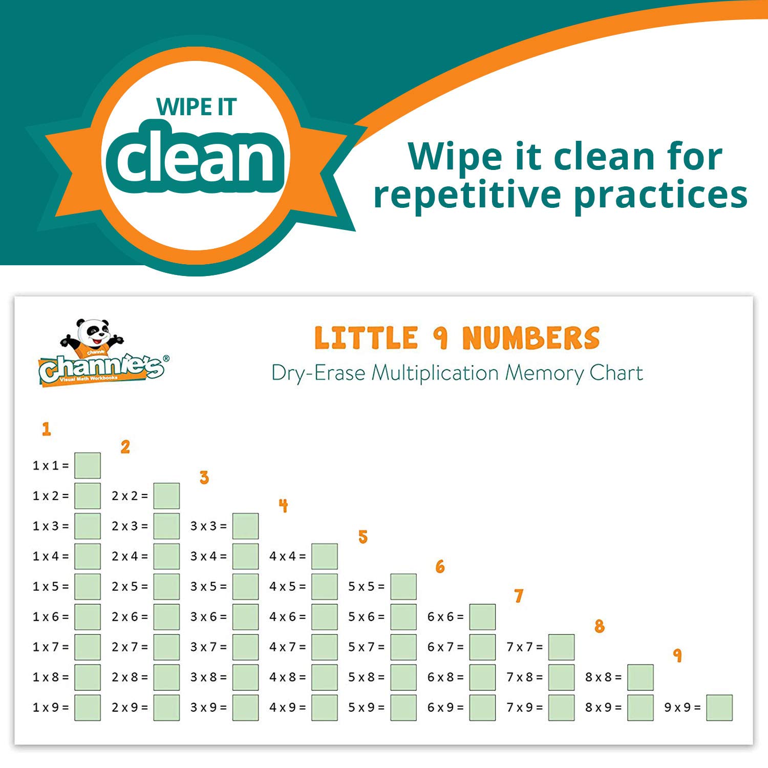 Channie’s Dry Erase My Little 9 Numbers Multiplication Chart to Help Children Ages 6+ Learn, Write & Practice All in One Poster, 8.5" x 14"