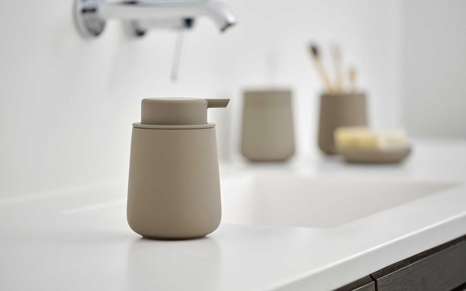 Zone Denmark Nova One Ceramic Storage Box with Lid for Bathroom Utensils such as Cotton Pads & Cotton Buds Diameter 3.3", Height 3.39", Capacity 290 ml,Taupe