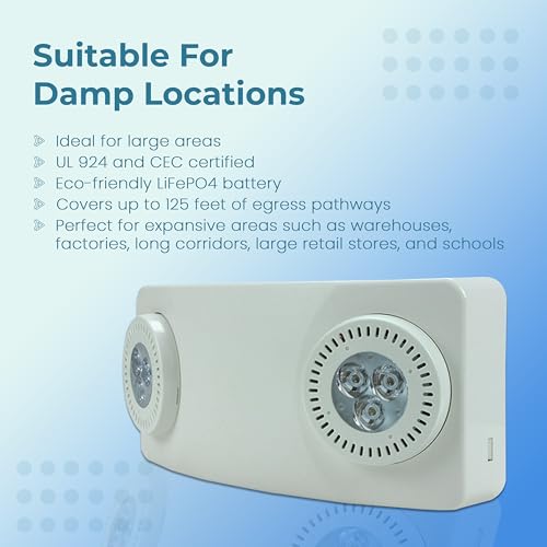 NFT High Output LED Emergency Lighting Fixture - Hard Wired 125' Path Coverage with 90 Minute LiFePO4 Battery, Self-Testing UL 924 & CEC Certified, Versatile Mounting (White)