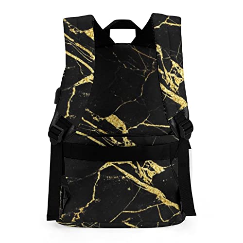 Aeoiba Chic Black and Gold Marble Texture Backpack, PU Leather Travel Laptop Backpack with USB Charging Port, Water Resistant College School Computer Bag for Men & Women Fits 15.6 Inch Notebook