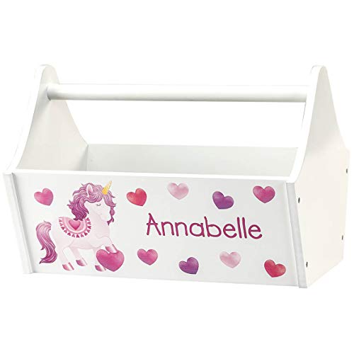 Fox Valley Traders Personalized Kids Wooden Toy Caddy, Customized Children’s Toy Storage Bin, Unicorn Hearts Design