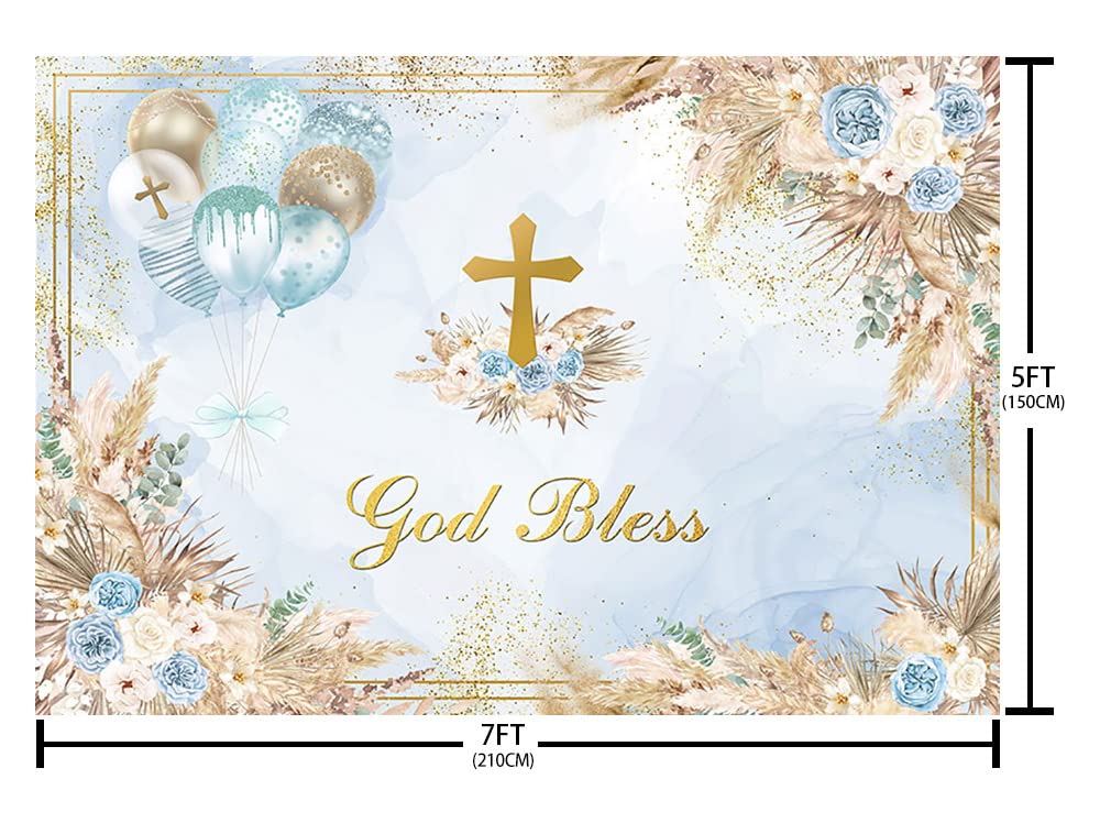 AIBIIN 7x5ft Boho God Bless Baptism Backdrop for Boys Holy Communion Party Decorations Photography Background Blue Marble Floral Christening Ceremony Newborn Baby Shower Banner Photoshoot Props