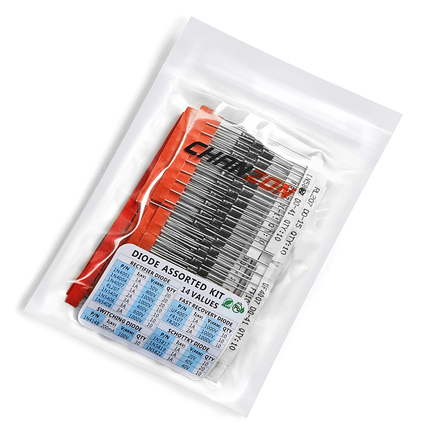 Chanzon 200pcs Diode Assorted Kit (1N4001 1N4004 1N4007 RL207 1N5404 1N5406 1N5408 UF4007 FR107 FR207 1N5817 1N5819 1N5822 1N4148) Fast Switching/Schottky/Rectifier Electronic Assortment 14 Values